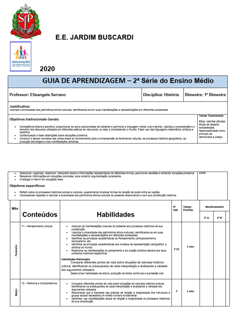 Guia 2 Série 1º Bim Hist 2020 Eli | PDF | Sociologia | Pedagogia
