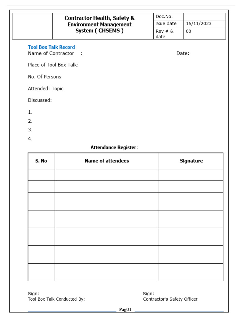 Tool Box Talk Record | PDF