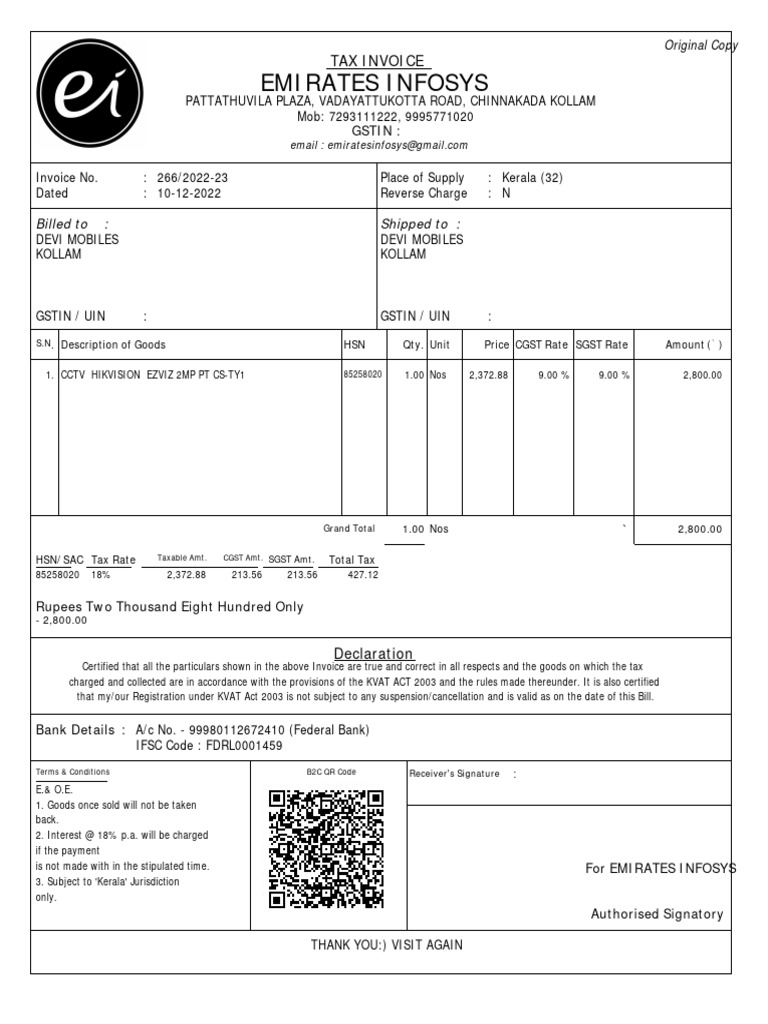 Devi Mobiles - Ezviz Ty-1 Smart 360 Cam Invoice | PDF | Invoice ...