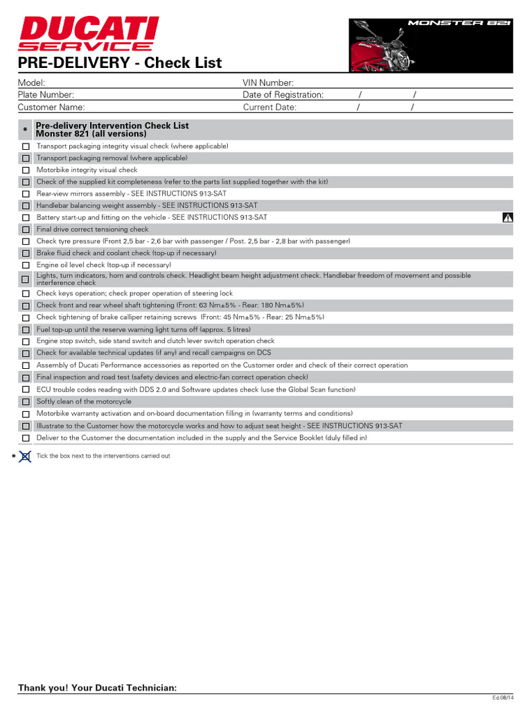 Pre-Delivery Checklist for Monster 821 | PDF | Computers | Technology & Engineering