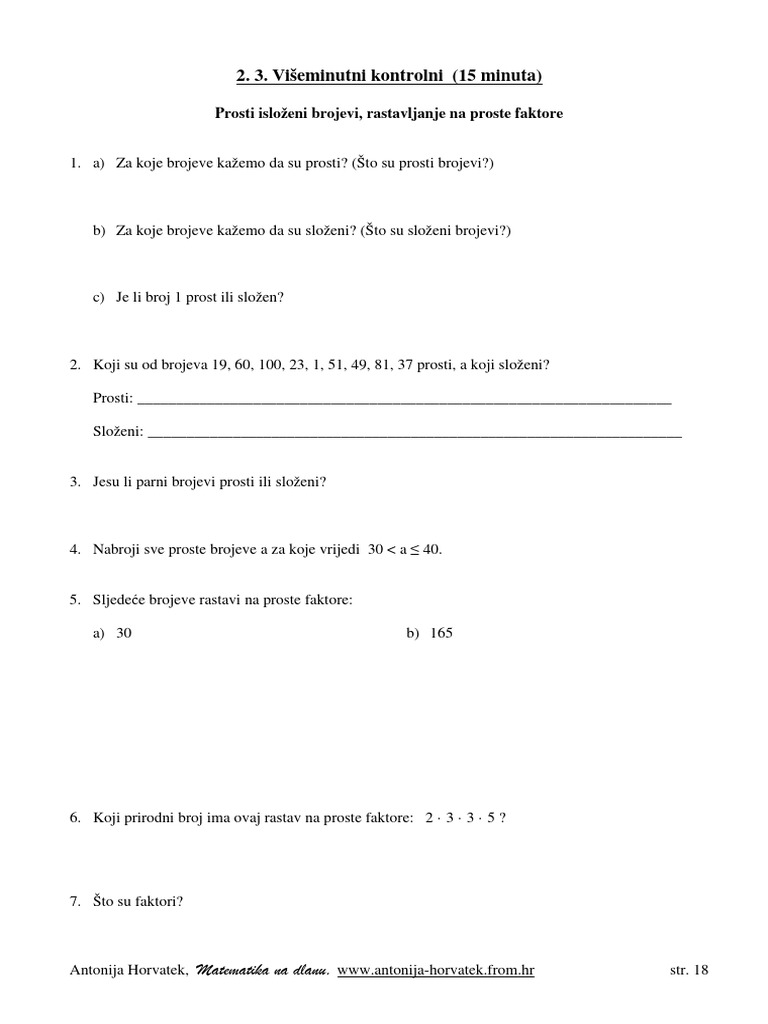 Prosti I Slozeni Brojevi Test | PDF