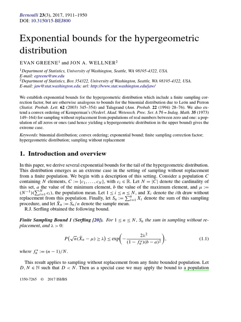 Exponential bounds for the hypergeometric distribution | PDF | Exponential Function | Mathematics