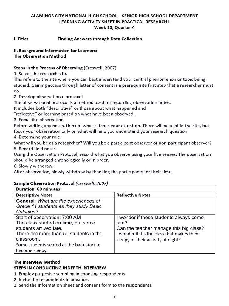 ACTIVITY SHEET PR1 WEEK 14 Q4 Finding Answers Through Data Collection | PDF | Interview ...