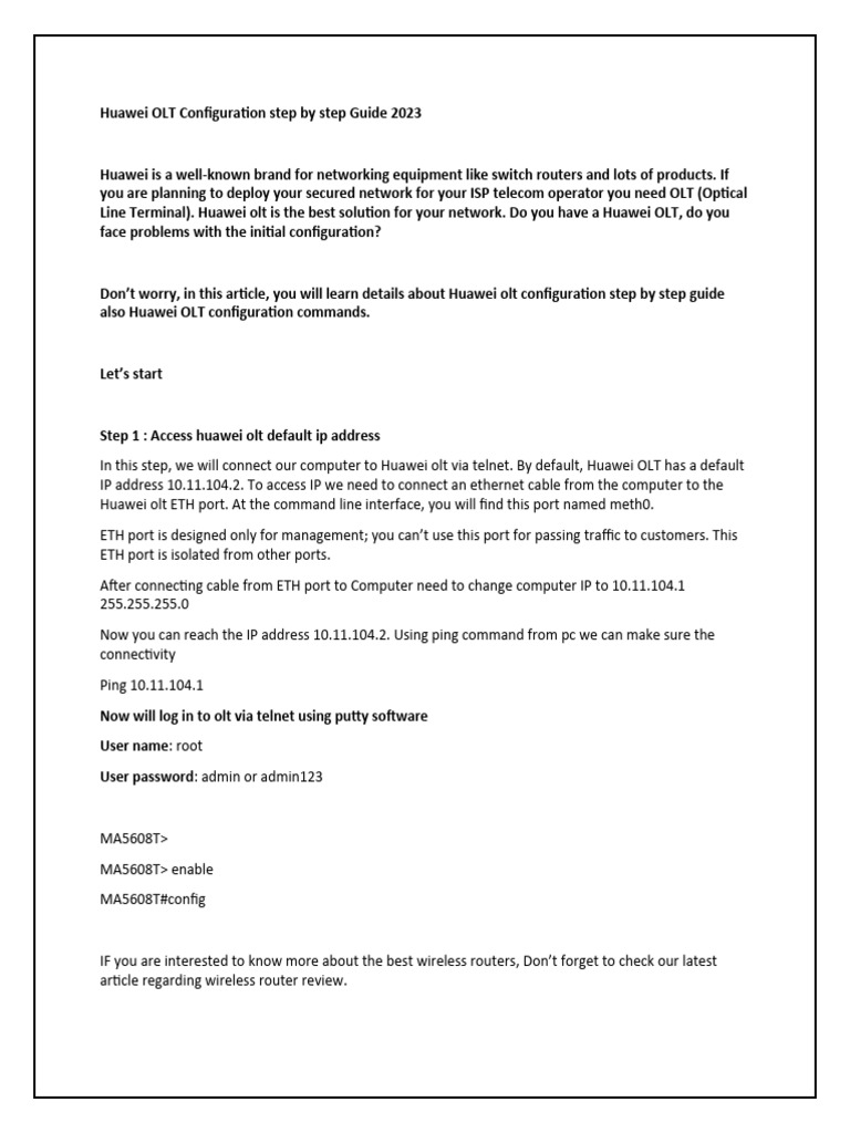 Huawei OLT Configuration Step by Step Guide 2023 | PDF | Computer Network | Router (Computing)