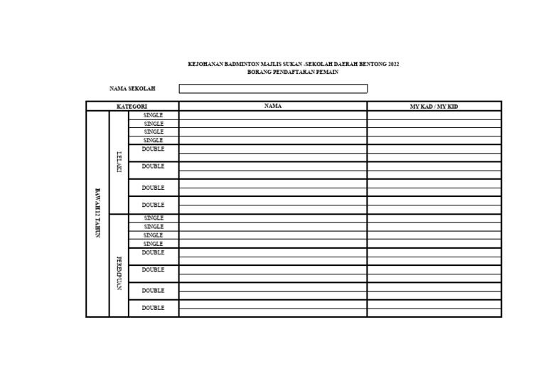 Borang Pendaftaran Badminton Mssd Bawah 12 Pdf