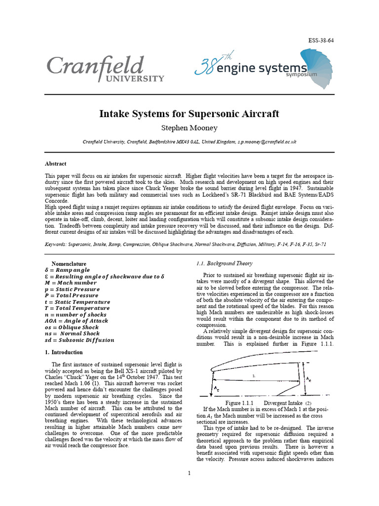 Intake Systems For Supersonic Aircraft: Stephen Mooney | PDF
