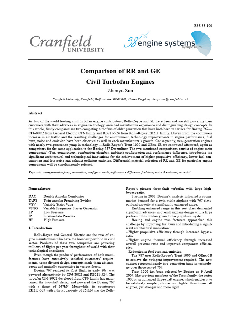 Comparison of RR and GE Civil Turbofan Engines: Zhenyu Sun | Download ...