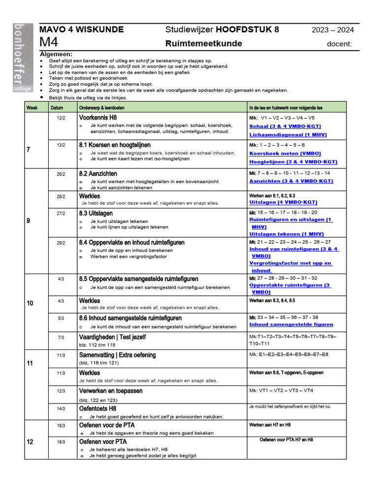 Studiewijzer 2324 Hoofdstuk 8 Ruimtemeetkunde ZAW | PDF