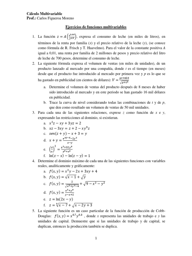 Ejercicios Funciones Multivariables | PDF