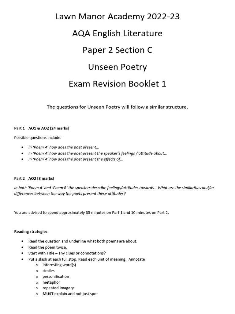 AQA Unseen Poetry Exam Revision Guide | PDF | Poetry