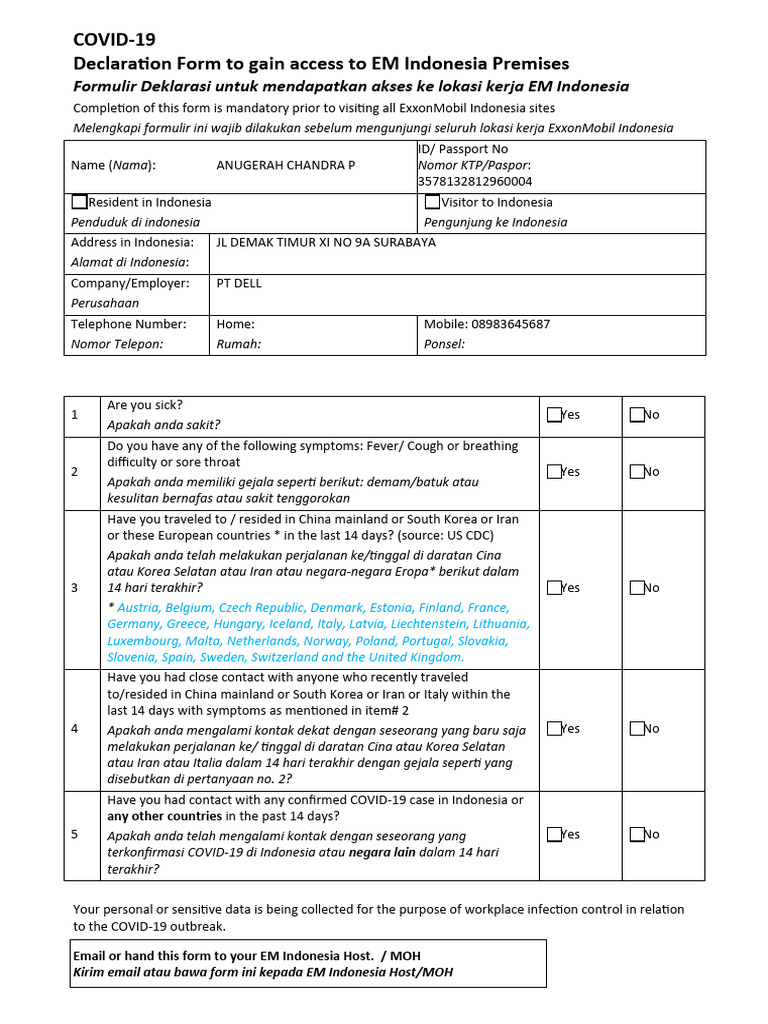 COVID-19 Declaration Form - For Visitors - Bilingual-V2 (Anugerah Chandra) | PDF