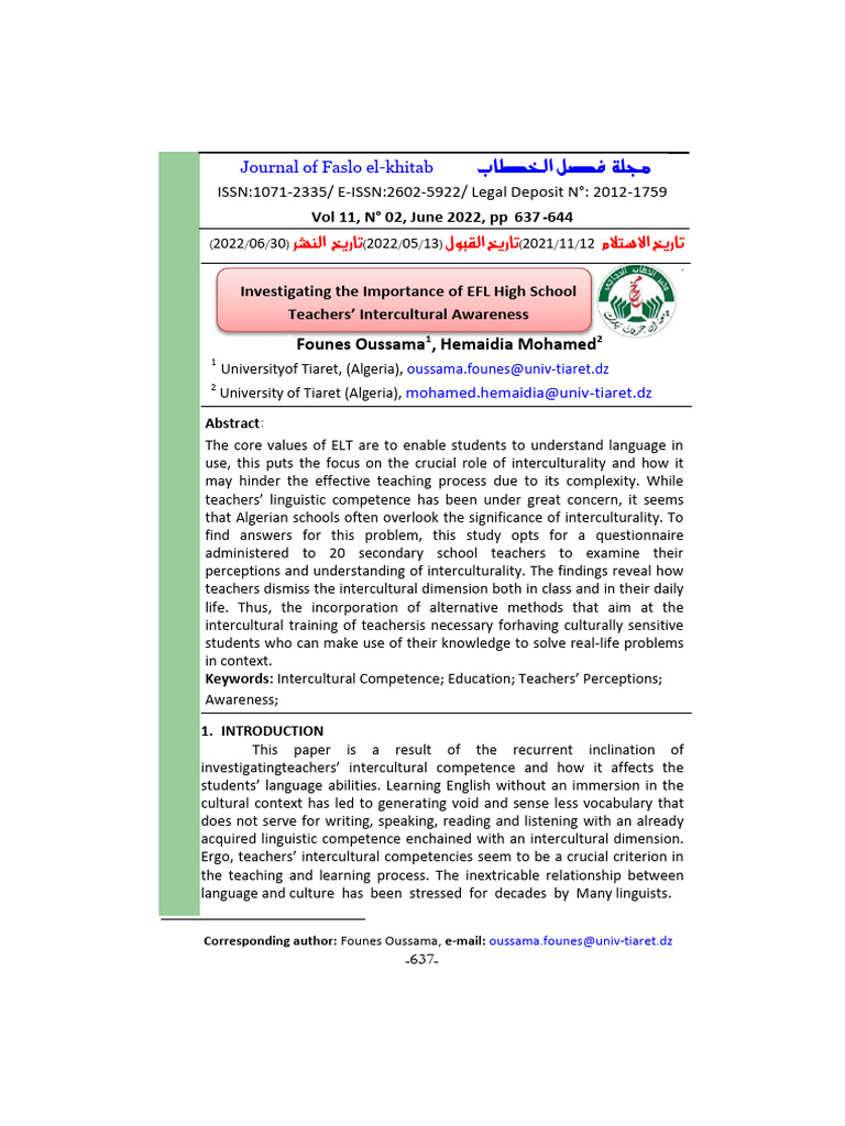 Investigating The Importance of Efl High School Teachers' Intercultural Awareness | PDF | Cross ...