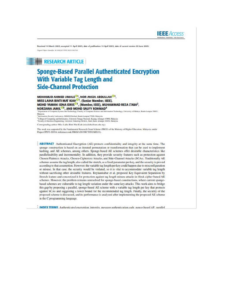 Sponge-Based - Parallel - Authenticated - Encryption - First Page | PDF