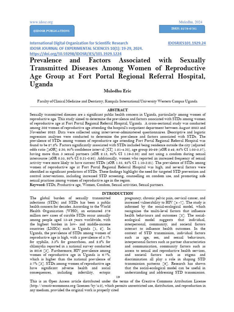 Prevalence and Factors Associated With Sexually Transmitted Diseases Among Women of Reproductive ...