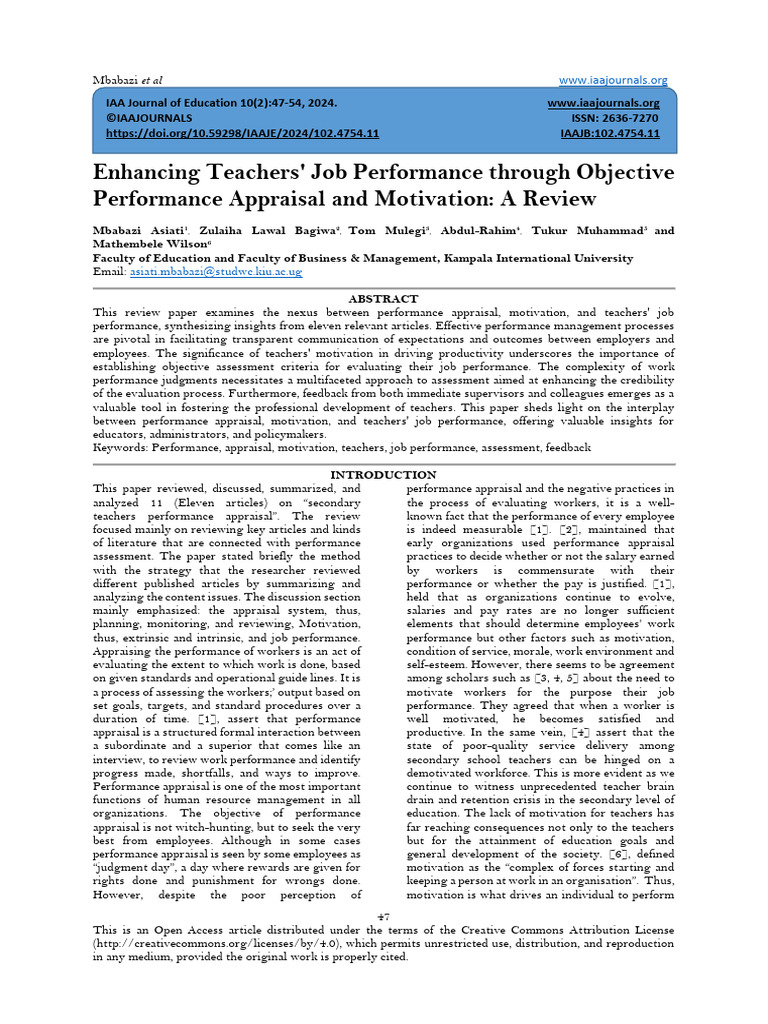 Enhancing Teachers' Job Performance Through Objective Performance Appraisal and Motivation a ...