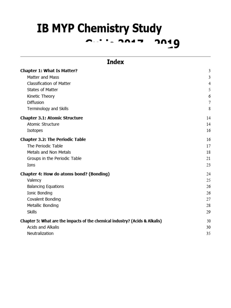 IB MYP Chemistry Study Guide 2017-2019 | PDF | Ion | Chemical Bond