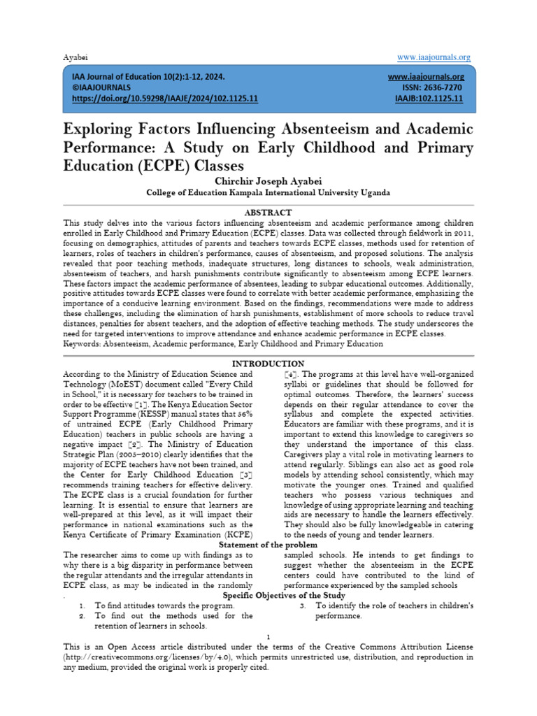 Exploring Factors Influencing Absenteeism and Academic Performance A Study On Early Childhood ...