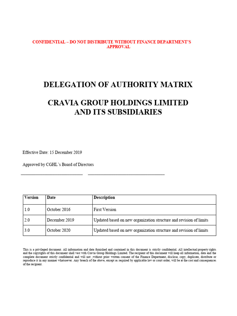 CGHL Delegation of Authority Matrix V3 (Approved 16 Dec 20) | PDF ...