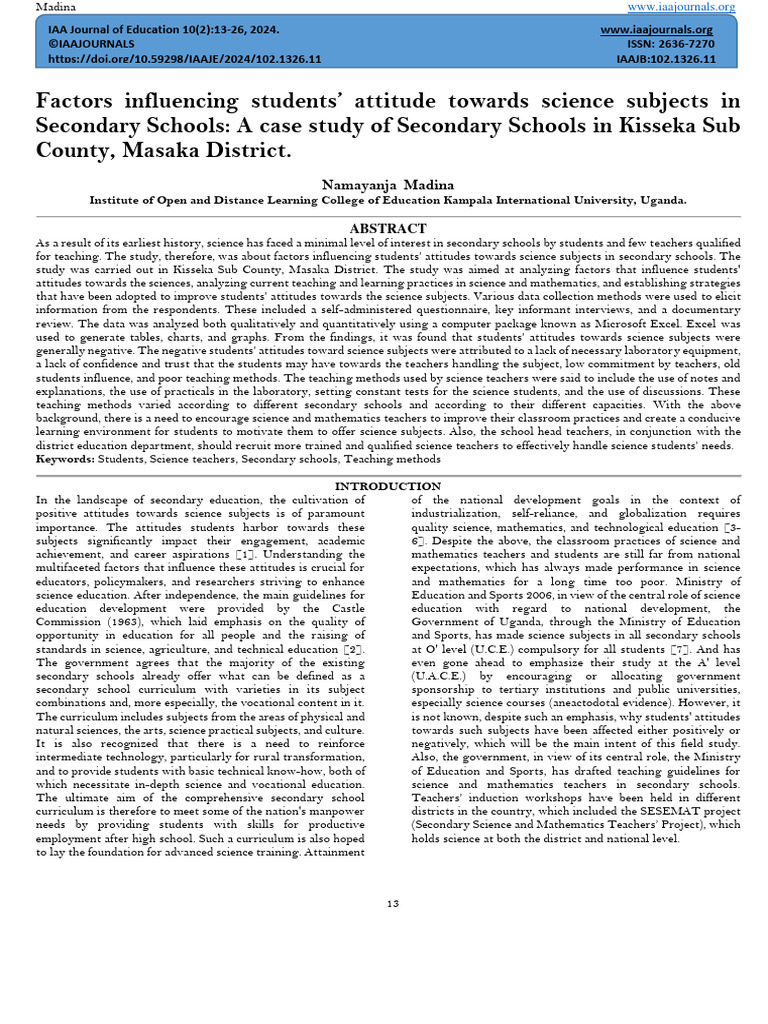 Factors Influencing Students' Attitude Towards Science Subjects in ...