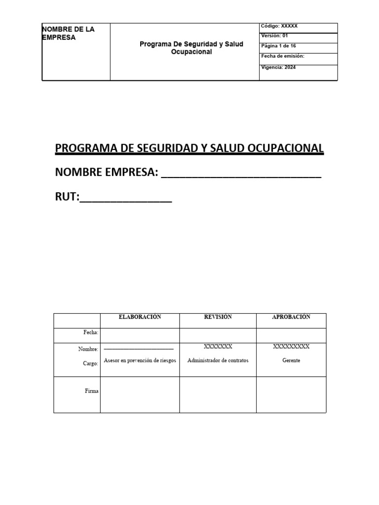 Programa de Seguridad y Salud Ocupacional 2024 Programa Prevencion de Riesgos Modelo 2 | PDF ...