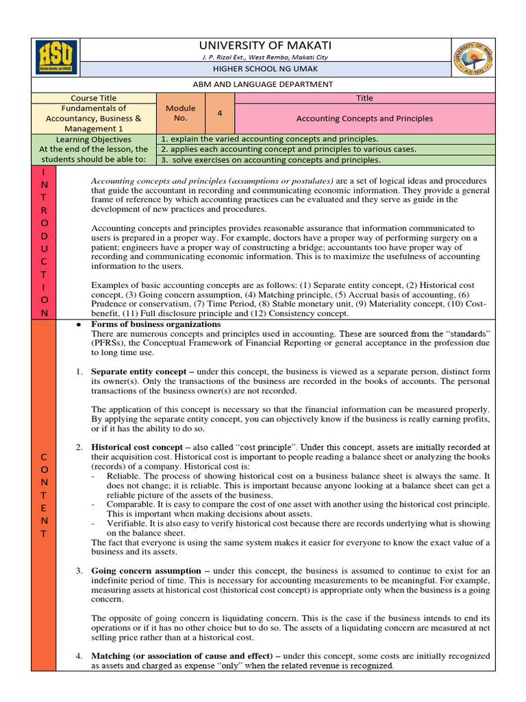FABM1 - Module 4 Accounting Concepts and Principles | PDF | Historical ...