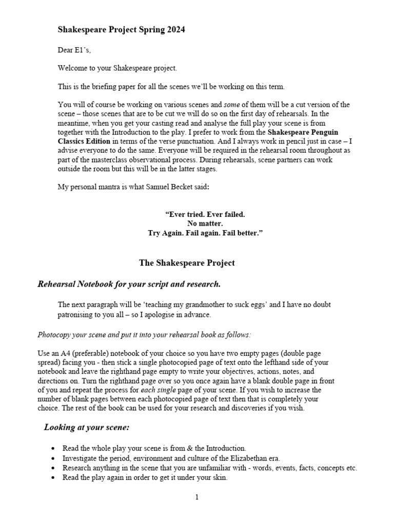 Shakespeare Project Welcome Notes (1) | PDF