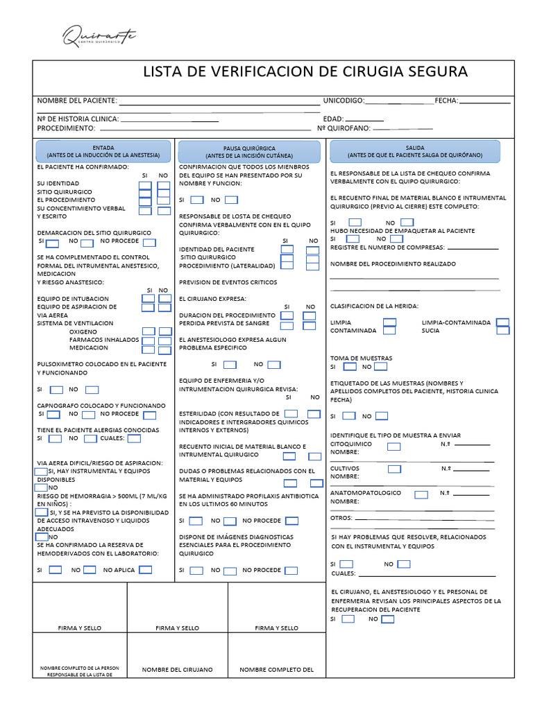 Lista de Verificacion de Cirugia Segura | PDF | Cirugía | Ciencias de la Salud