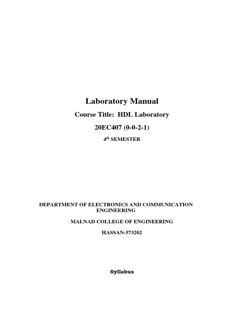 Laboratory Manual HDL - 20EC407 | PDF | Hardware Description Language | Logic Gate