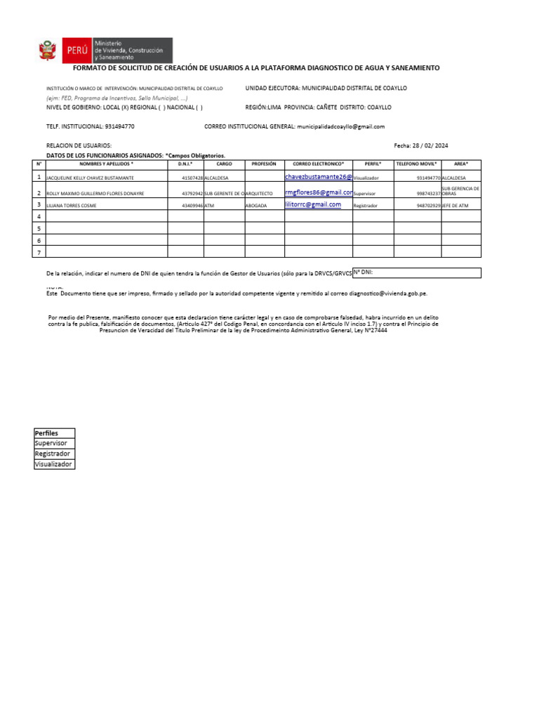 Formato Oficial Creación de Usuarios Plataforma Diagnóstico 2024 | PDF