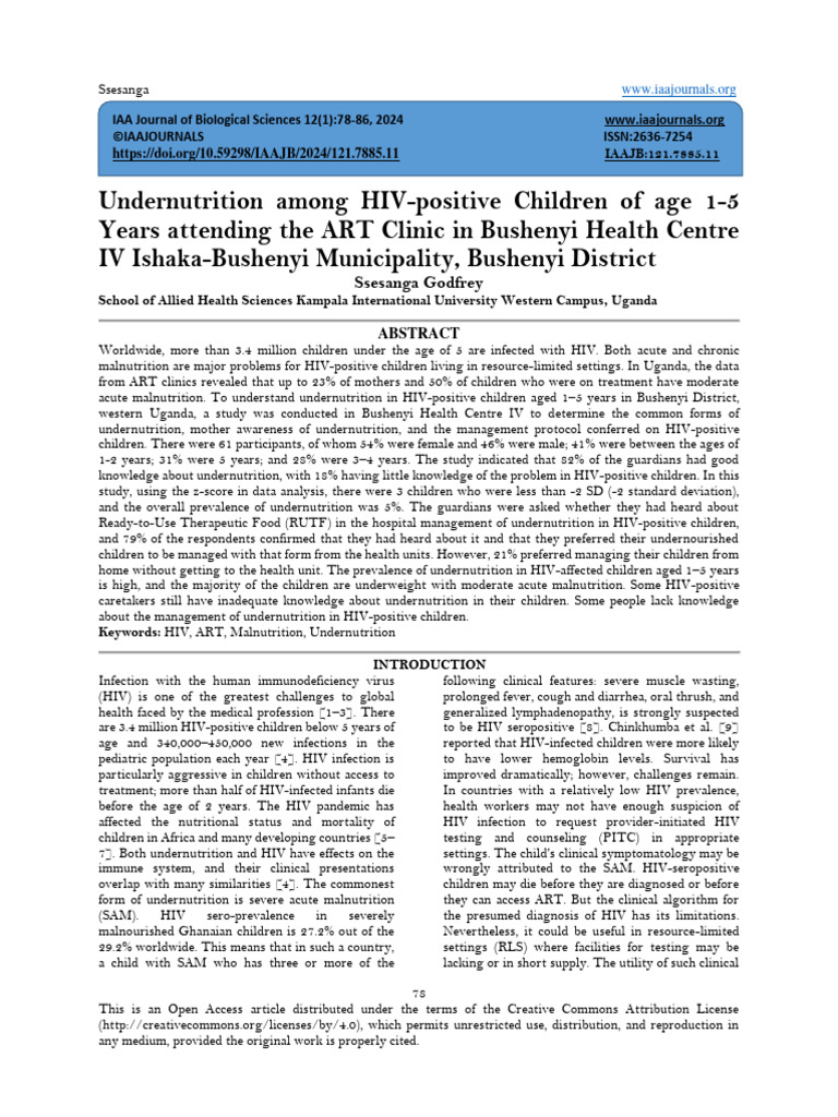 Undernutrition Among HIV-positive Children of Age 1-5 Years Attending The ART Clinic in Bushenyi ...