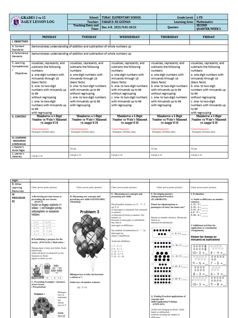 DLL Math 1 Q2.W5 | PDF | Subtraction | Arithmetic