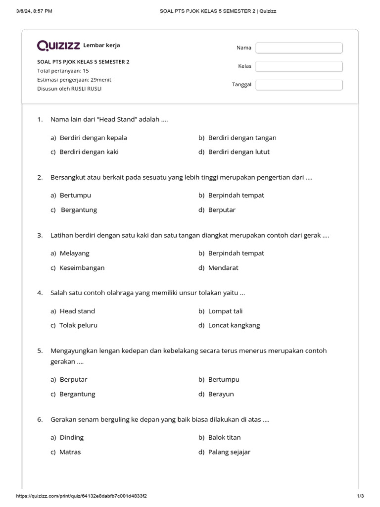 Soal PTS PJOK Kelas 5 Semester 2 | PDF
