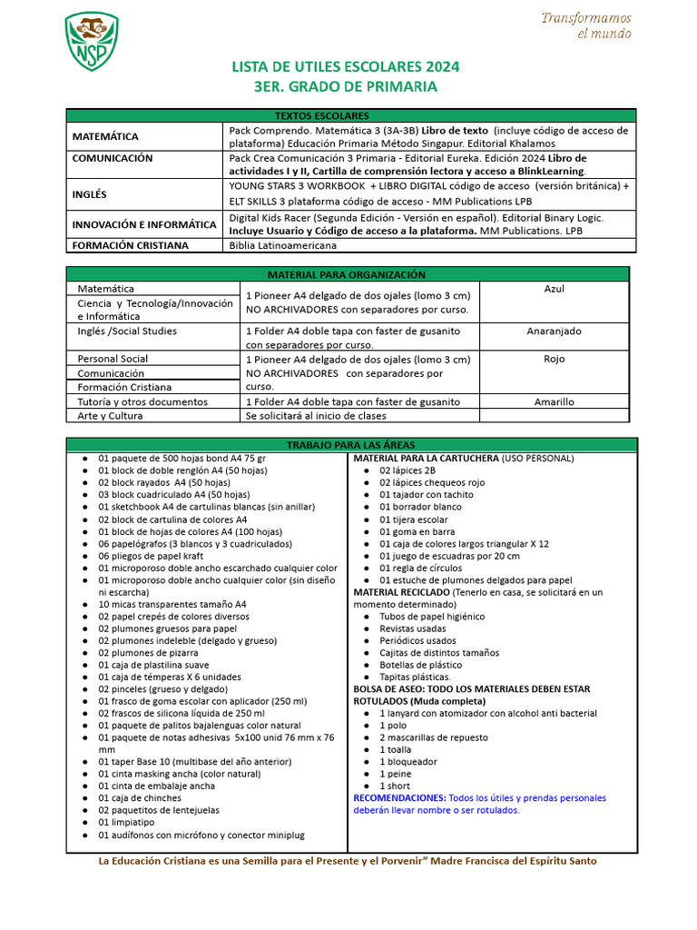 Lista de Utiles de 3 Grado de Primaria 2024 | PDF | Sector secundario ...