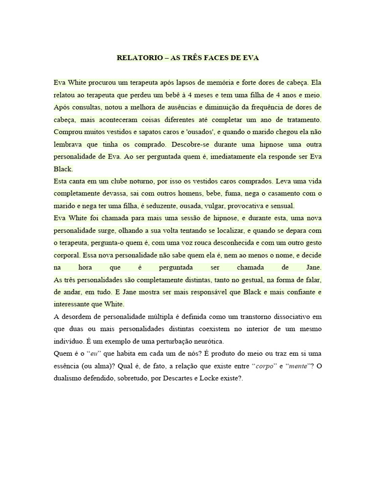 Transtorno Dissociativo: As Três Faces de Eva | PDF | Autoajuda ...