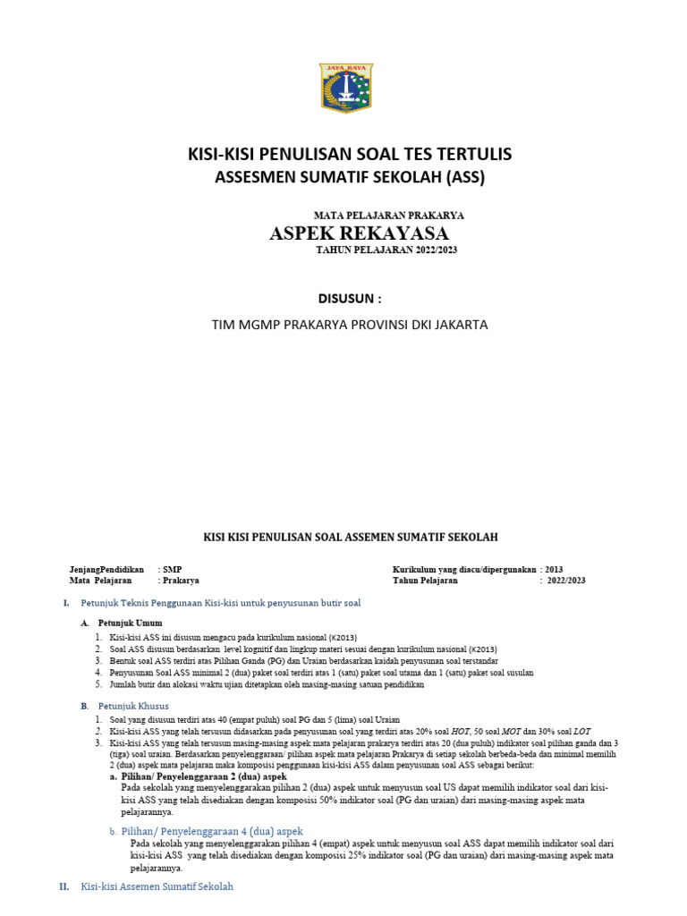 Kisi-Kisi Us Prakarya Tahun - 2023 - Rekayasa | PDF