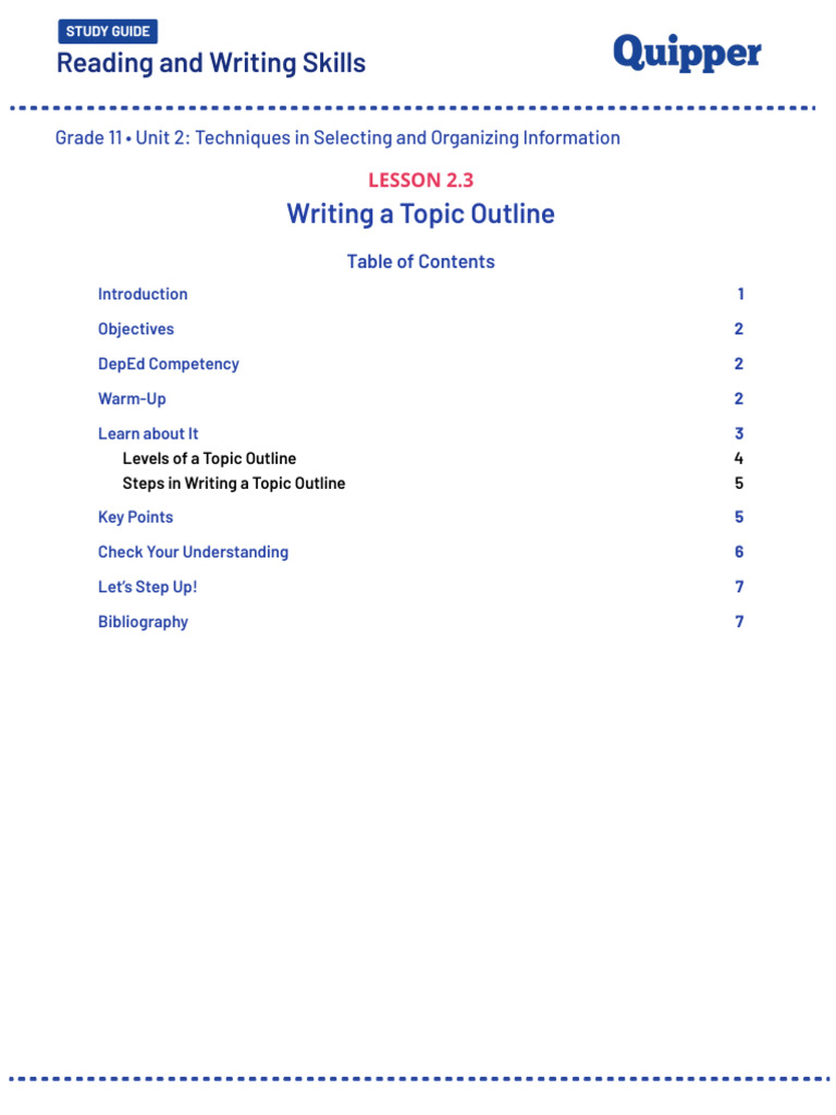 ME EngRW 11 Q3 0203 - SG - Writing A Topic Outline | PDF