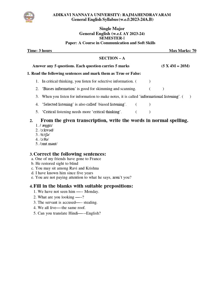 AKN University General English Syllabus 2023-24 | PDF | Communication ...