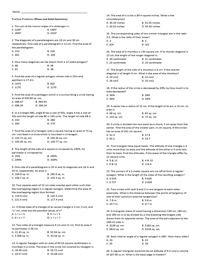 Practice Problems 3 - PlanexSolid Geometry | PDF | Area | Triangle