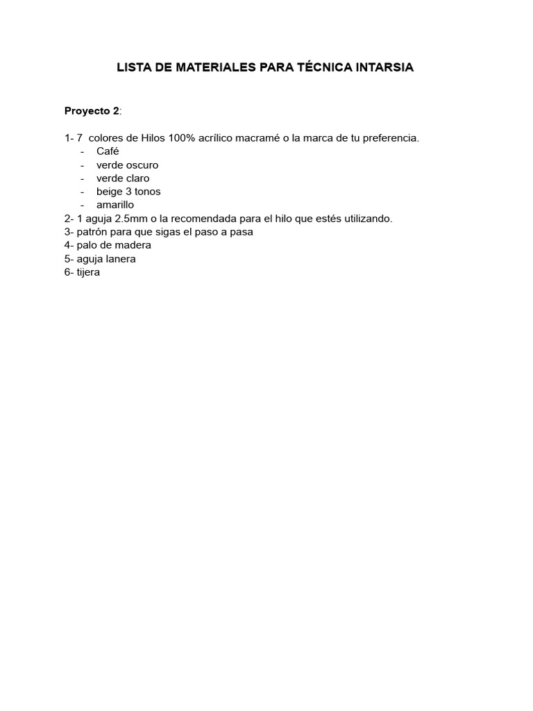 Lista de Materiales para Tecnica Intarsia Proyecto 2 | PDF