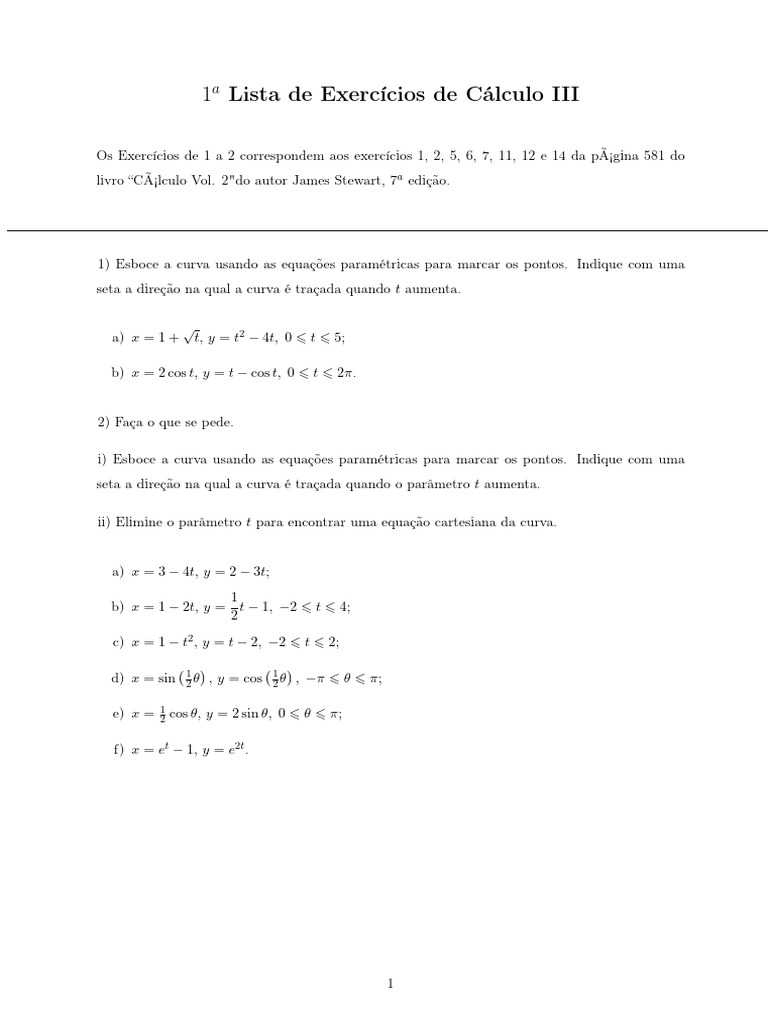 1a Lista Exer CalculoIII | PDF | Curva | Linha (Geometria)