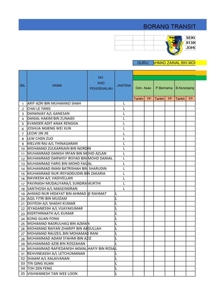 Borang Kosong Transit PBD PJK Ting 3 2023 3uum3utm | PDF