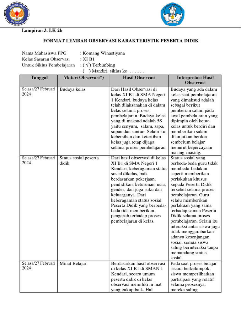 Lampiran 3. LK 2b-PPL 1-Lembar Observasi Karakteristik Peserta Didik - Komang Winastiyana ...