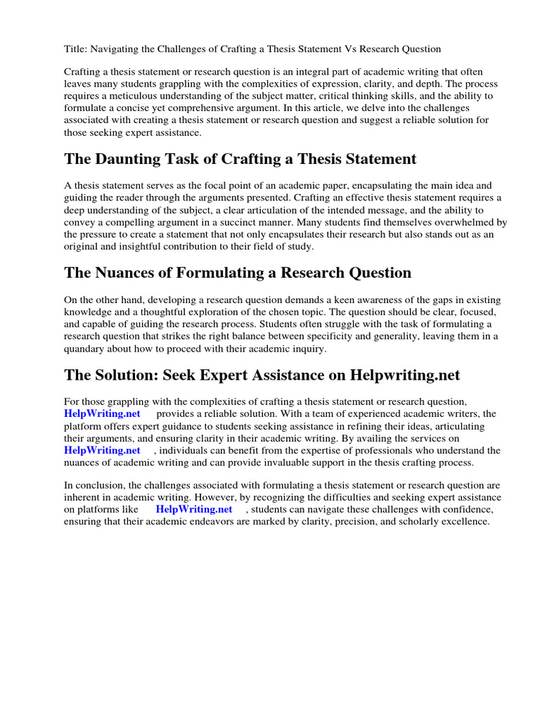 Thesis Statement Vs Research Question | PDF | Thesis | Essays