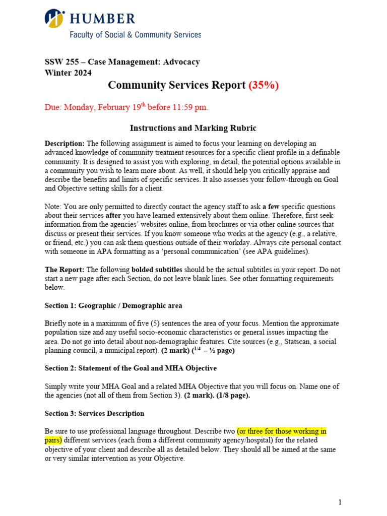 SSW 255 - Community Services Report Assignment - Instructions and ...