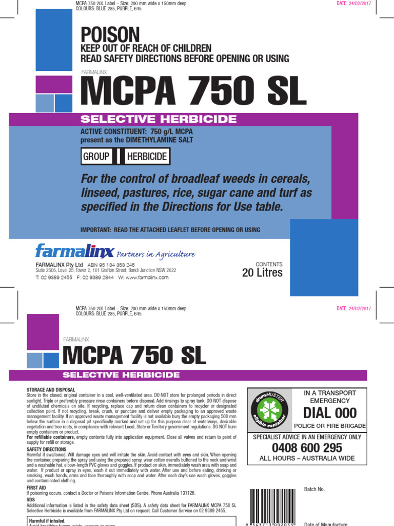 Mcpa 750 SL 20 Label | PDF