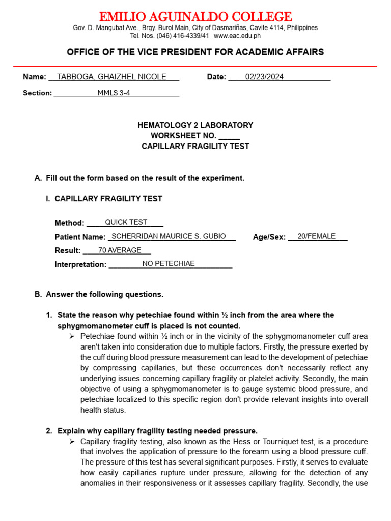 Tabboga Mmls 3 4 Hema Lab Worksheet 3 | PDF | Bleeding | Platelet