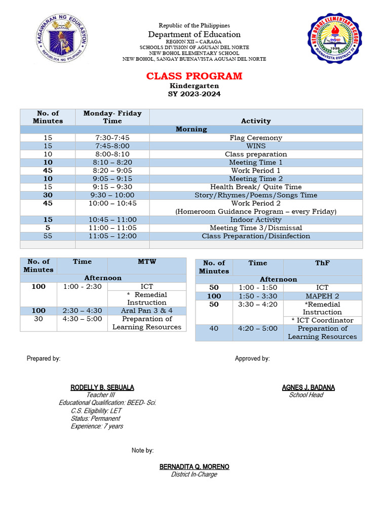 Class Program Kindergarten 2022 23 | PDF | Cognition | Schools
