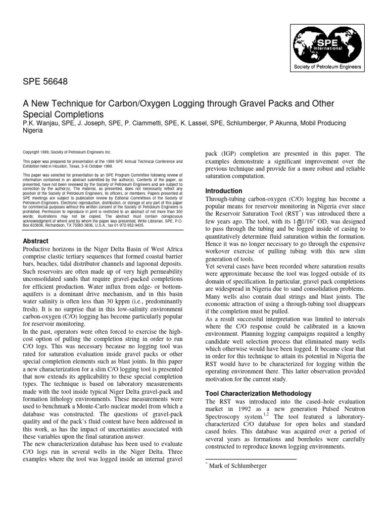 Anew Technique For Carbon-Oxygen Logging Through Gravel Packs and Other ...