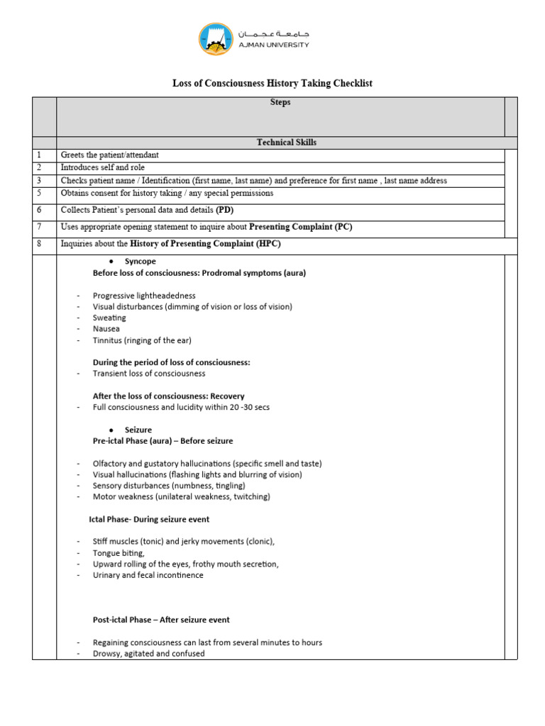 Loss of Consciousness Focus History Taking Checklist | PDF | Epilepsy ...