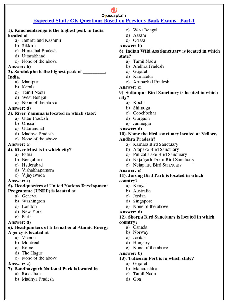 Expected Static GK Questions | PDF
